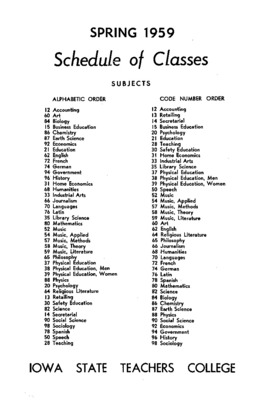 "Iowa State Teachers College Schedule of Classes, Spring 1959" by Iowa ...